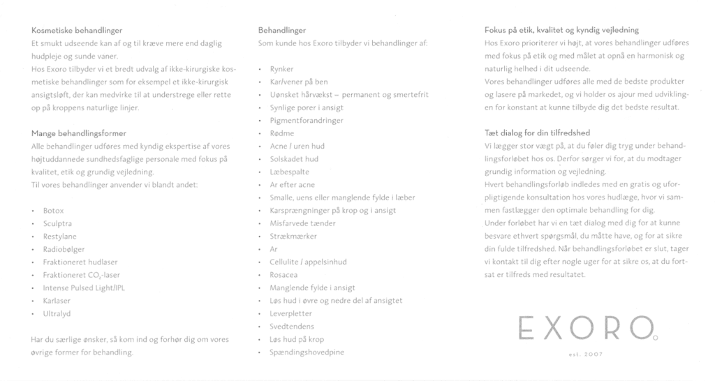Exoro speciallægeklinik brochure af Miriam Sommer Webbureau